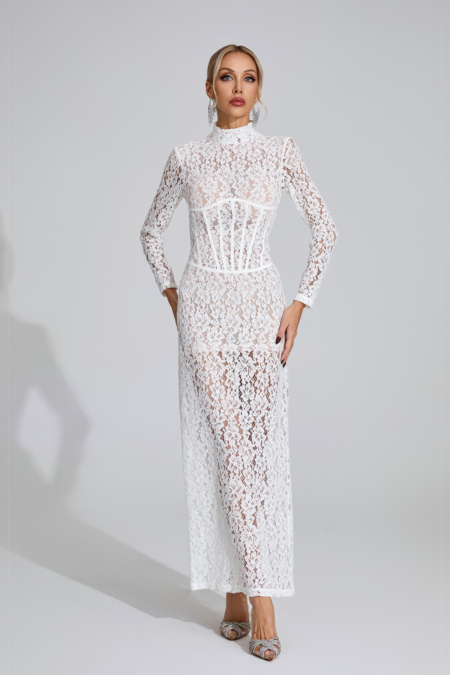 Heyren Long Sleeve Structured Lace Maxi Dress In White – Night Novas